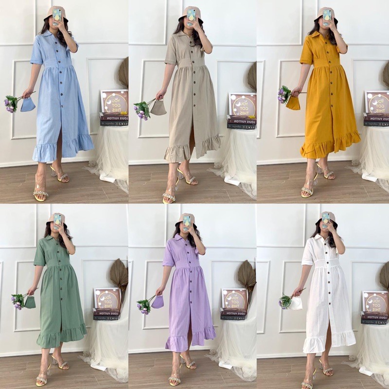 Jual #1884 Button Ruffle Dress linen / dress korean bagus kantor ...