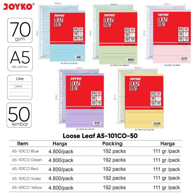 Jual Color Loose leaf A5 / Kertas Binder File Warna bergaris uk. A5 isi 50 lembar A5-101co-50 ...
