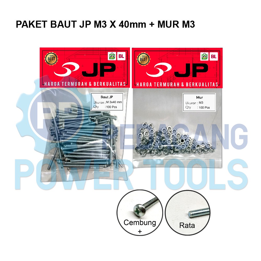 Jual PAKET 2 SET BAUT MUR 3x40 BAUT JP M 3 x 40 MM MUR M3 SKRUP ISI 100 PCS | Shopee Indonesia
