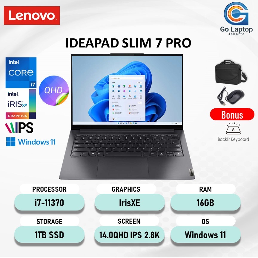 Jual LENOVO IDEAPAD SLIM 7 PRO 14 TOUCH IrisXE i7 11370 16GB 1TBSSD 14.0QHD WINDOWS 11 | Shopee ...