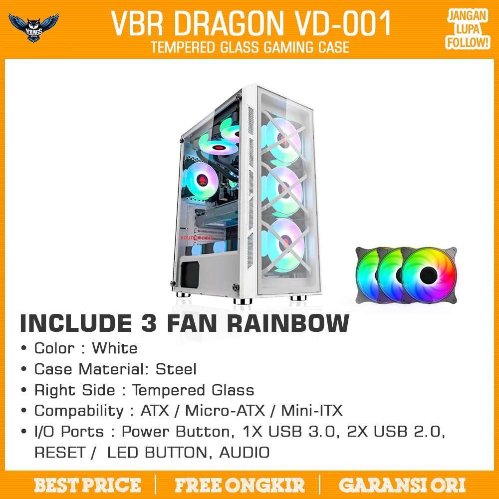 Jual VBR DRAGON VD-001 WHITE TEMPERED GAMING CASE CASING KOMPUTER PC ...