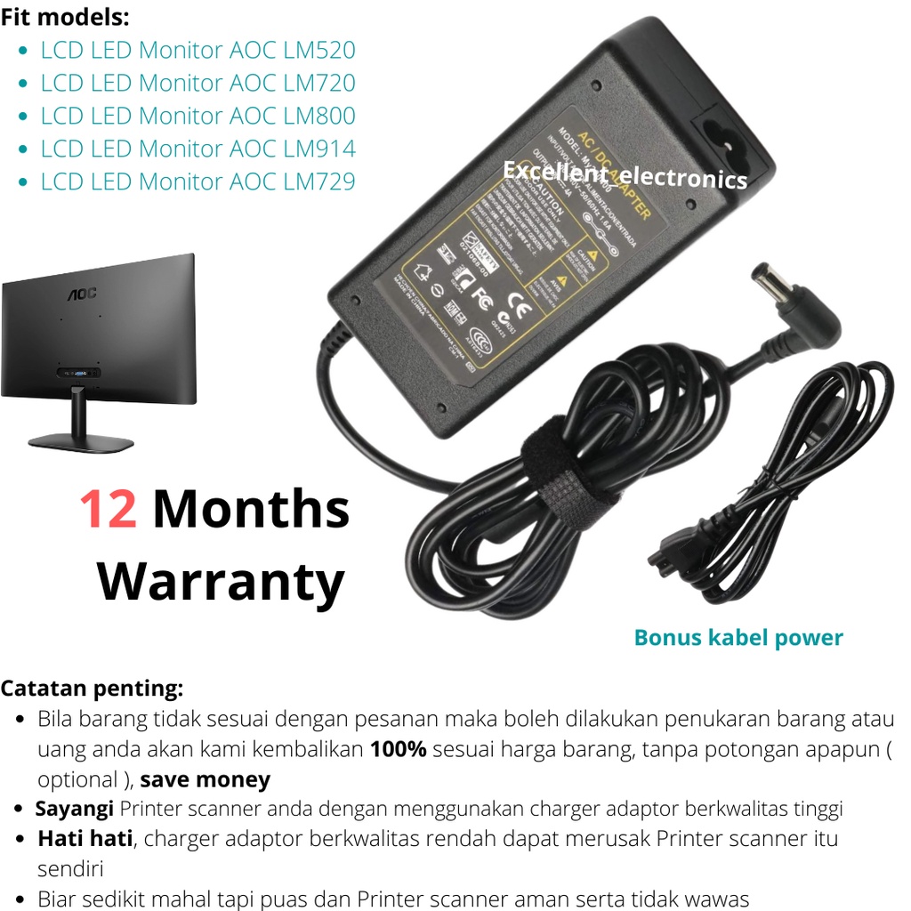 Jual Adaptor LCD LED Monitor AOC LM520 LM720 LM800 LM914 LM729 High ...
