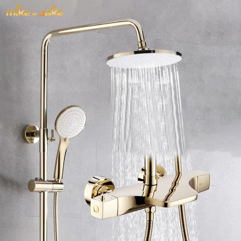 Jual Golden thermostatic shower set waterfall rainfall shower hot and cold gold Shower faucet ...