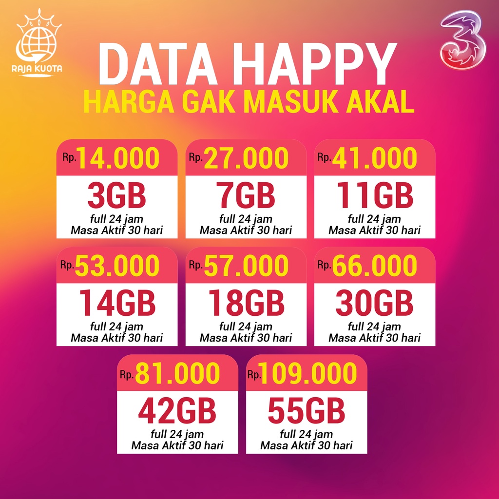Jual Paket Three Data Tri Kuota Elektrik Inject Internet 3 Happy 3gb 7gb 11gb 14gb 18gb 30gb ...
