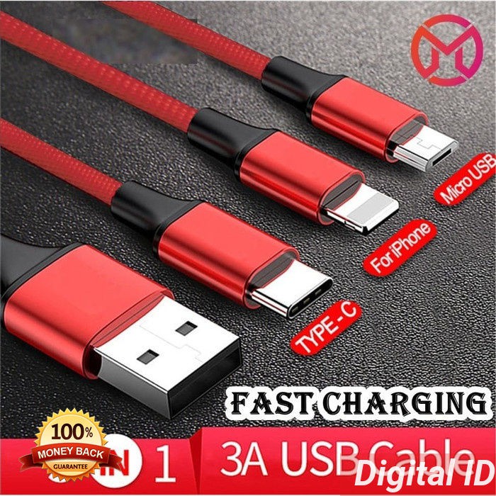 Jual Kabel Fast Charger 3 in 1 USB To iPhone + Micro Usb + Type-c ...
