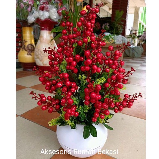 Jual Rangkaian pohon Cherry / buah berry artificial dengan pot bola ...