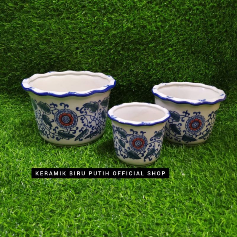 Jual Pot Tanaman Keramik Biru Putih Model Bulat Bunga Warna/ Vas Pot ...
