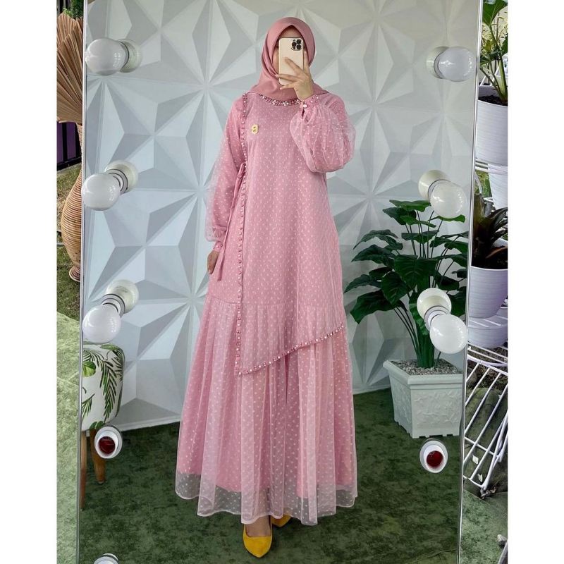 Jual CE34T Gamis Ozias Full tile dot aksen mutiara+aksen tutu / Gamis ...
