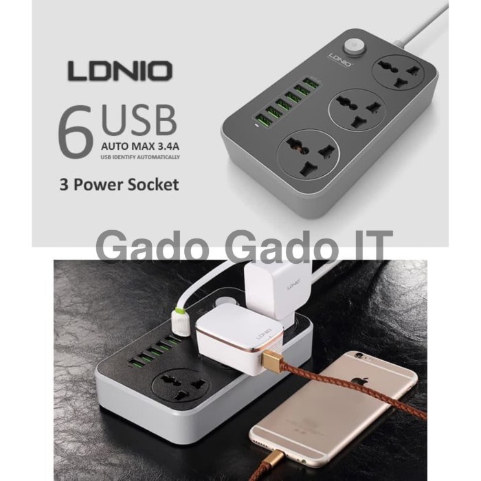 Jual 15041q Ldnio Colokan Listrik 3 Power Electrical Multi Socket+6 Usb Port 3.4A D2C01 | Shopee ...