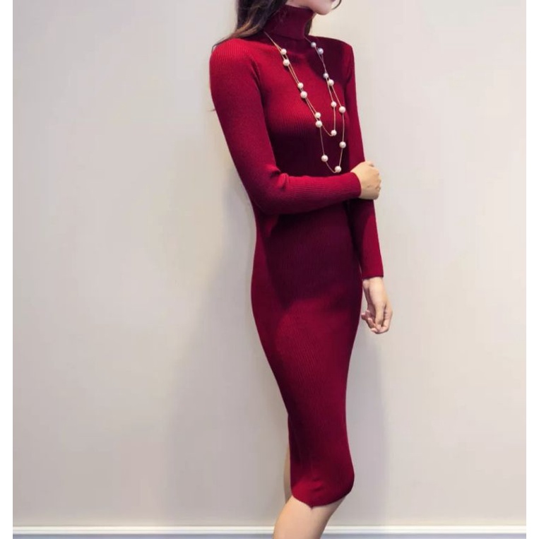 Jual Dress bodycon midi leher tinggi/midi dress ala korea/dress ketat midi lengan panjang ...