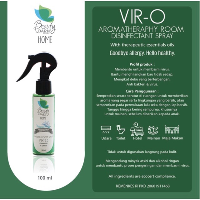 Jual Vir-O / Viro / Vir - O Natural Room Disinfectant Beauty Barn 100ml ...