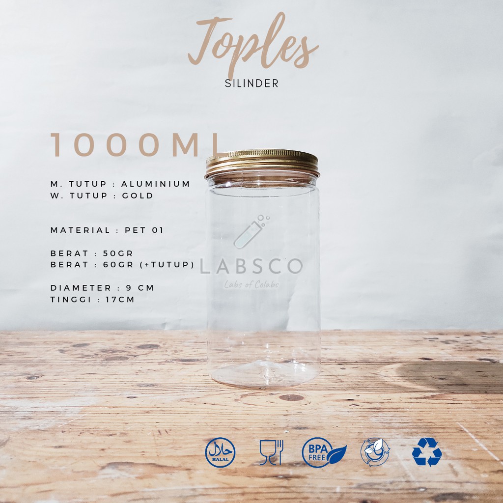 Jual Toples Plastik Tutup Aluminium Gold PET 1000ml Tabung Tebal Silinder Jar Cylinder 1 liter ...