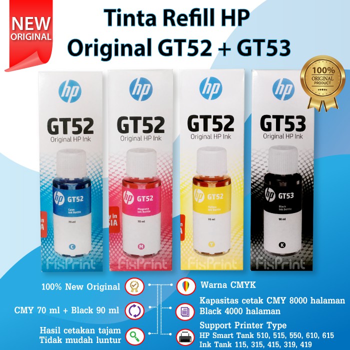 Jual PAKET CMYK 1 SET Tinta Original HP GT51 GT52 Refill Printer Ink ...