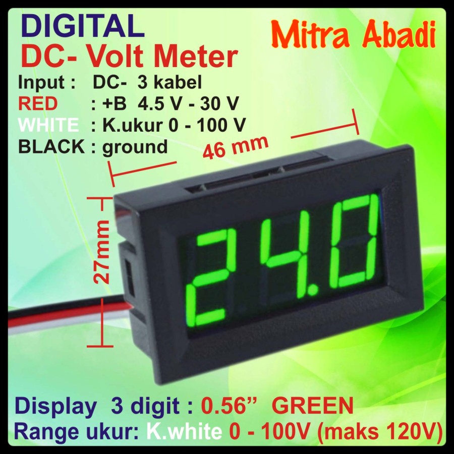 Jual Voltmeter DC 0V-100V 0,56 inch Hijau/Green (3 Kabel) + Frame ...