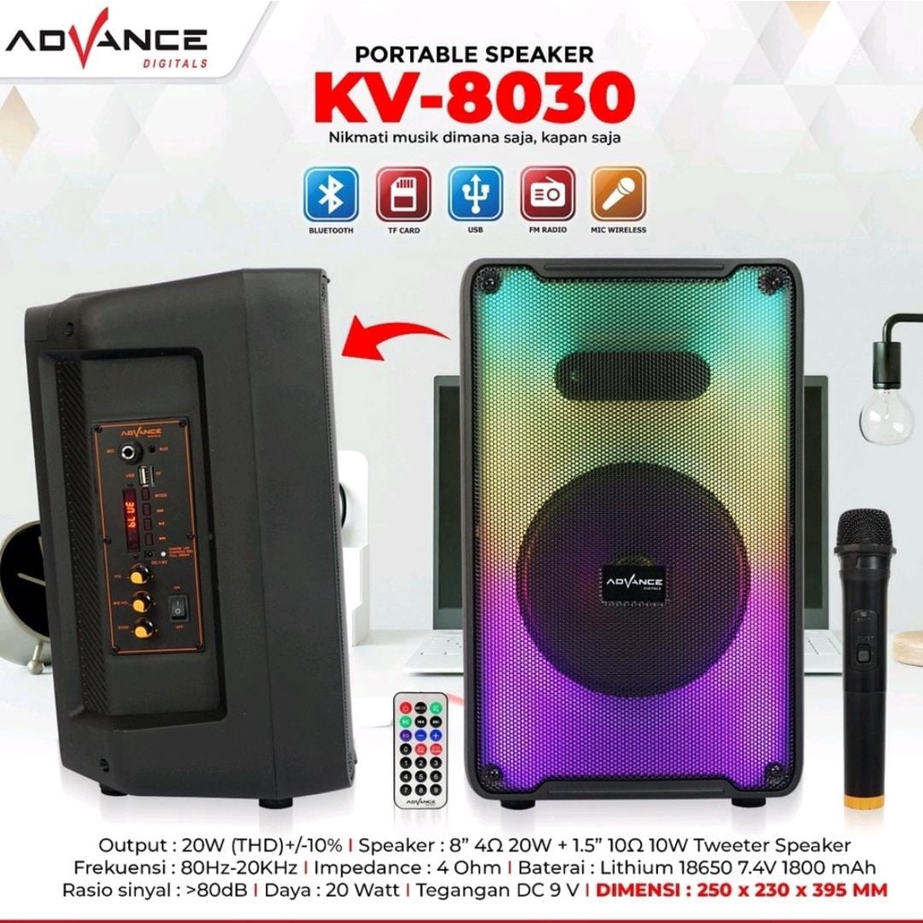 Jual ADVANCE KV-8030 SPEAKER PORTABLE BLUETOOTH 8 INCH | Shopee Indonesia