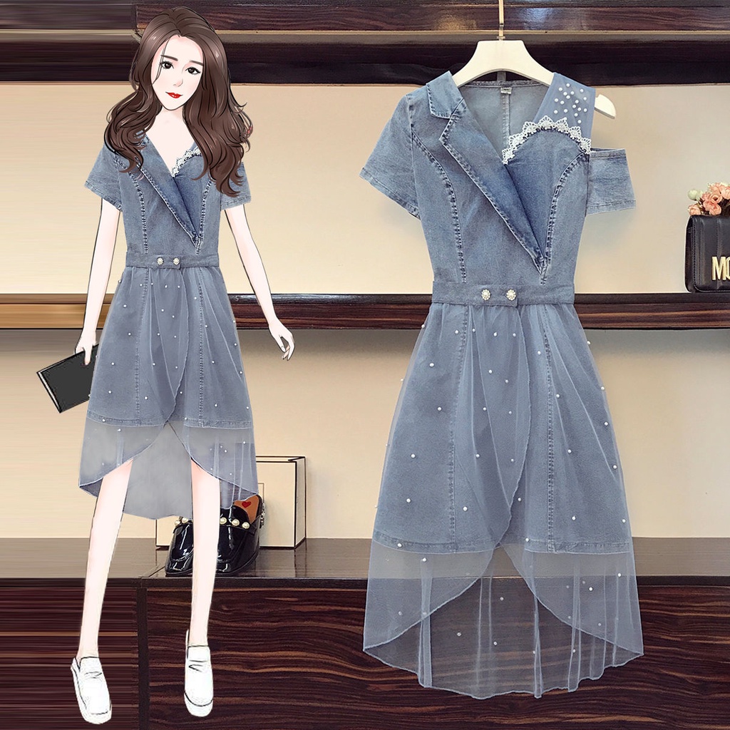 Jual Fashion denim dua potong gaun wanita off-shoulder desain rasa mesh ...