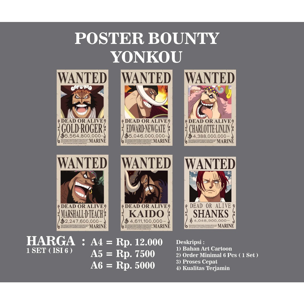 Jual Poster Bounty One Piece Yonkou 1SET A6 A5 A4 | Shopee Indonesia