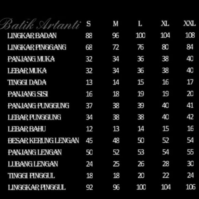 Jual Size Chart Batik Artanti | Shopee Indonesia
