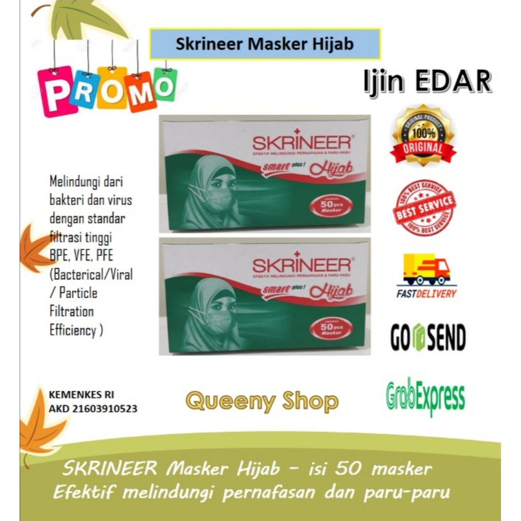 Jual SKRINEER MASKER MEDIS HIJAB / TALI 3 PLY - 1 box isi 50 pieces ...