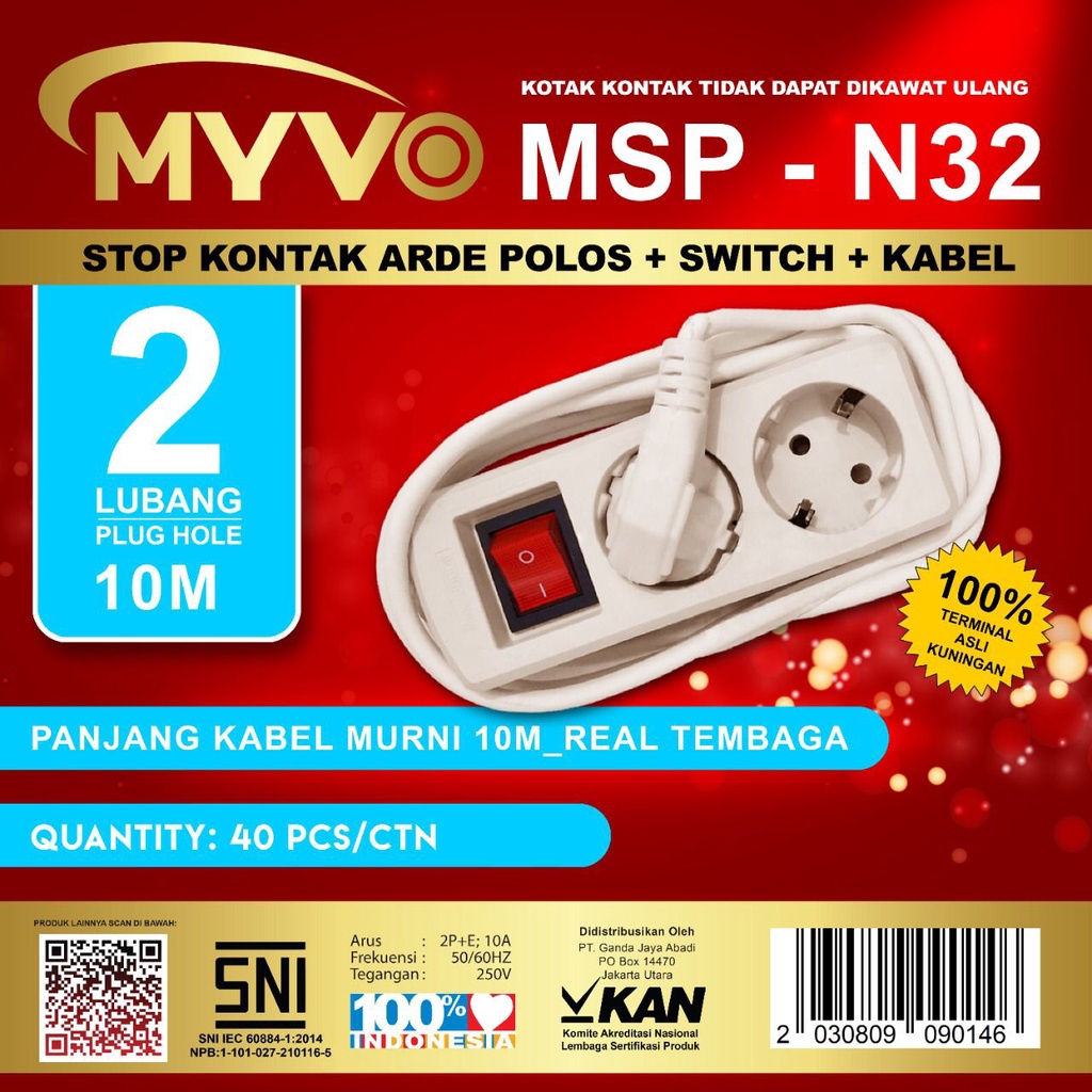 Jual MYVO Stop Kontak 2 Lubang + Kabel 10 Meter MSP N32 SNI Super Murah | Shopee Indonesia
