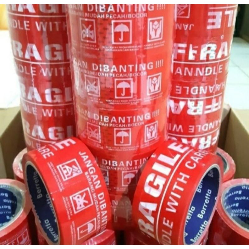 Jual Opp lakban solasi isolasi fragile merah 2 inchi bukan warna putih ...