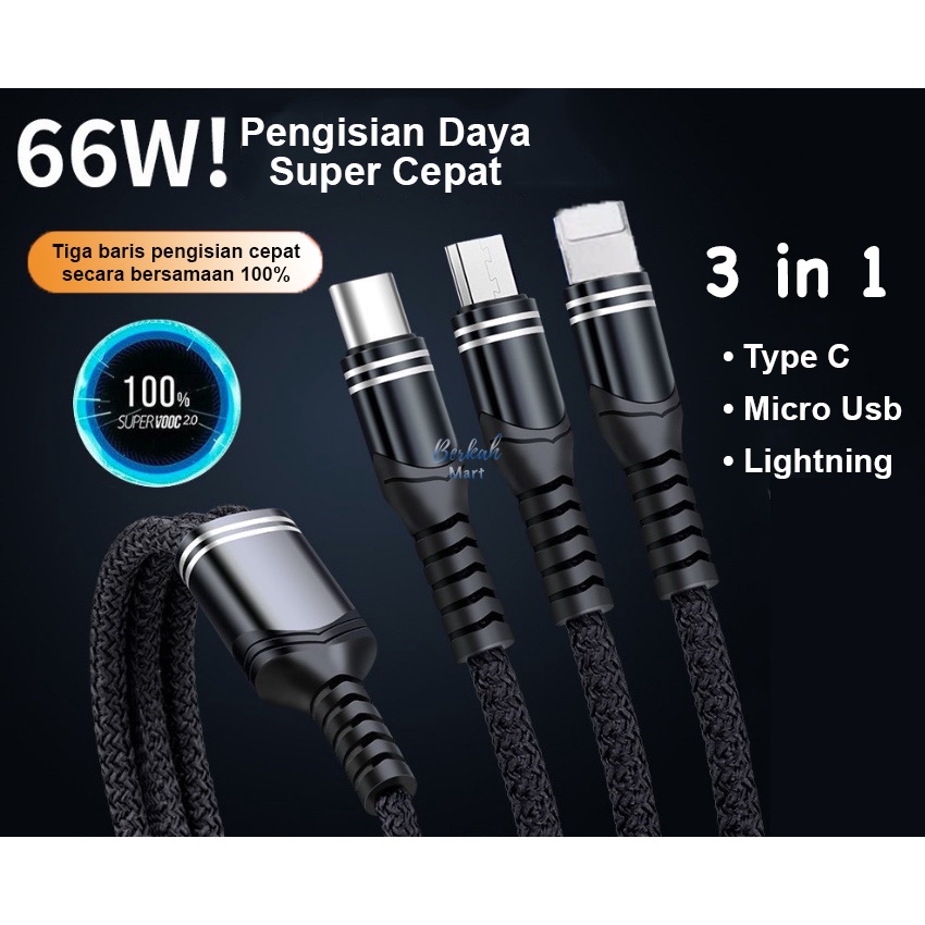 Jual Kabel Charger 3 in 1 Pengisian Daya Cepat Micro Usb / Type C / Lightning 2A 2.4A 6A Support ...