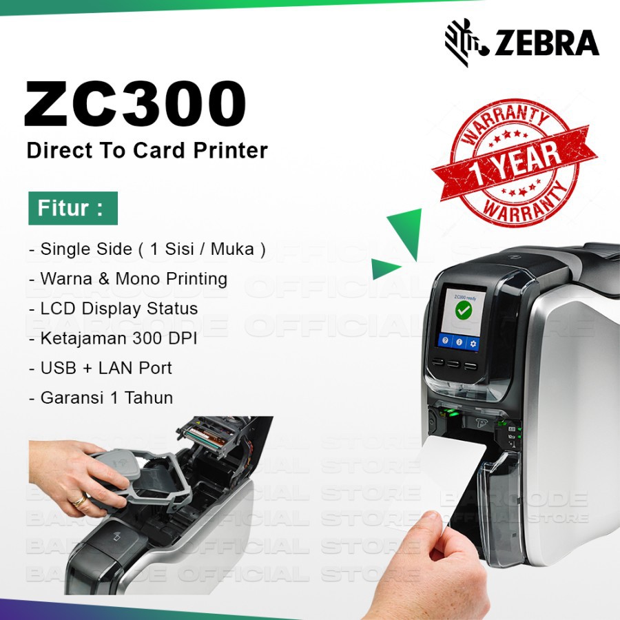 Jual ID Card Printer Kartu Zebra ZC300 / ZC-300 USB + LAN Ethernet Single Side | Shopee Indonesia