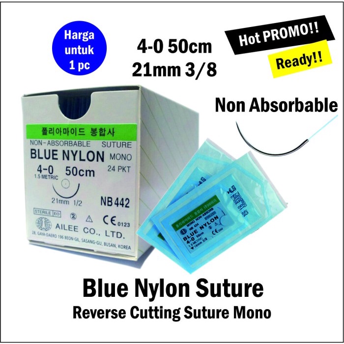 Jual Blue Nylon Ailee /Dental Surgical Suture 4-0 50 cm - 21m 3/8 ...