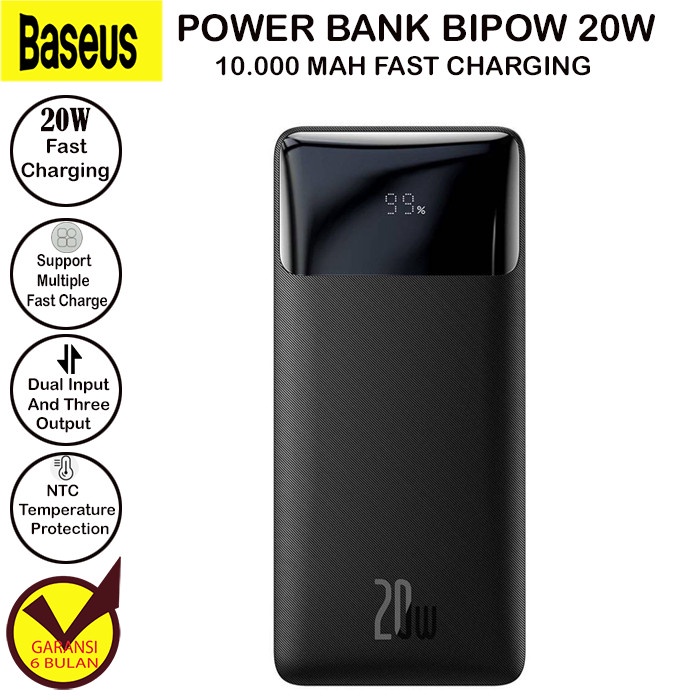 Jual BASEUS POWER BANK BIPOW 10000MAH 20W LED DISPLAY QC PD 3.0 FAST CHARGE | Shopee Indonesia