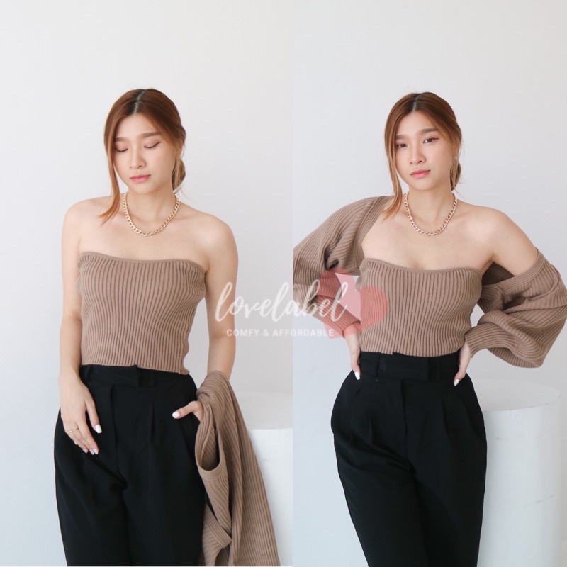 Jual Cora Knit Set Atasan Crop Korea Wanita Cardigan Tube Kemben | Shopee Indonesia