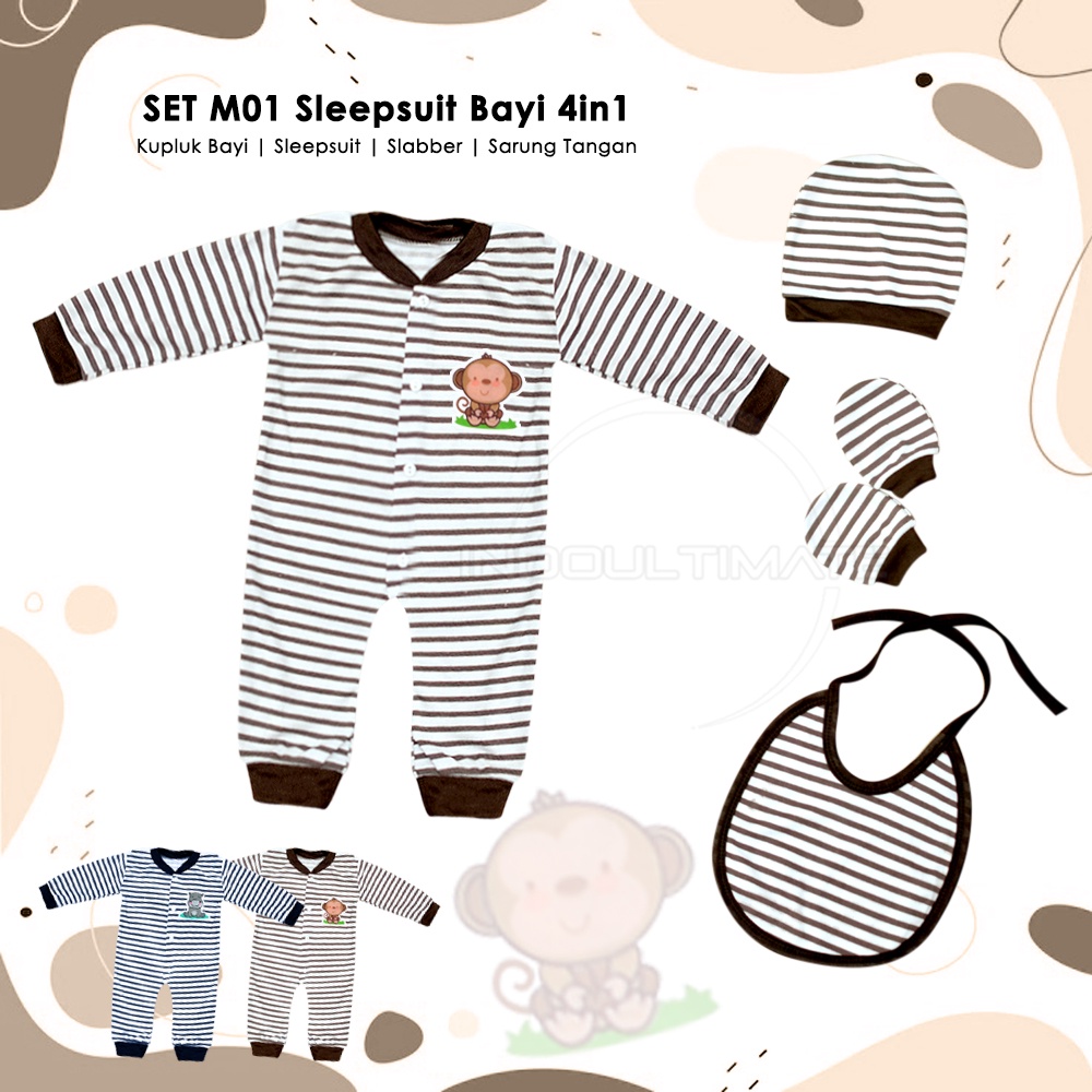 Jual 4in1 SET-M01 Set Sleepsuit Bayi Baru Lahir + Celemek makan + Topi ...