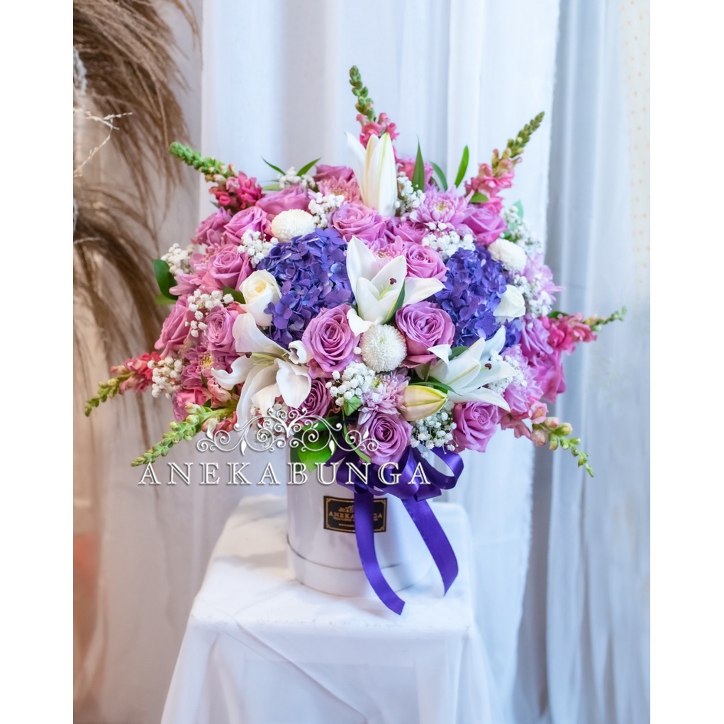 Jual White Flower Box Bunga Mawar Asli Ungu Pink Pot Kotak Bulat Putih ...