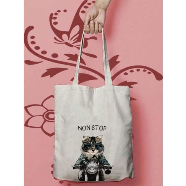 Jual Tas Totebag Dinier Motif kucing bermotor ( pakai resleting ) Tas ...