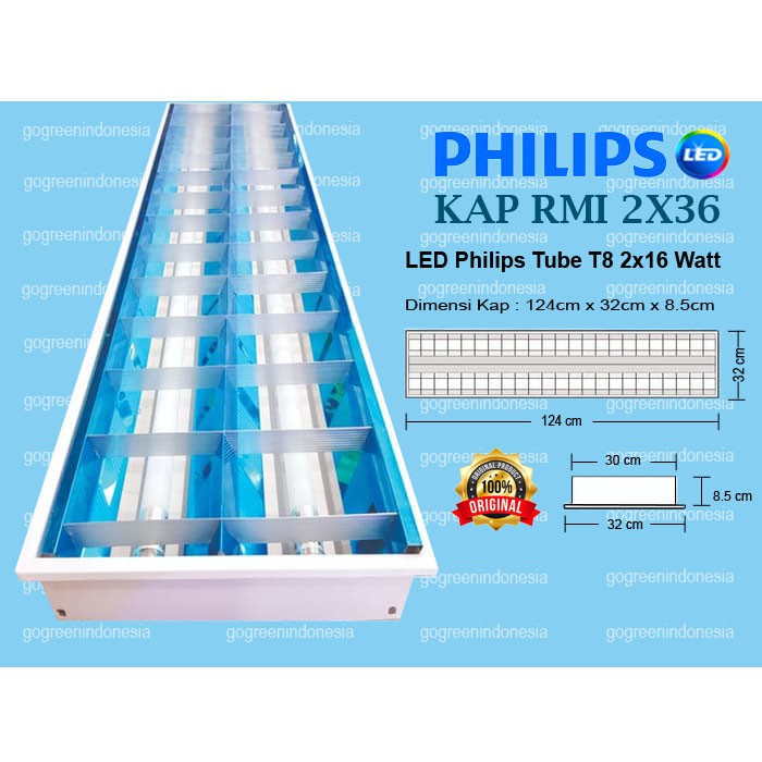 Jual Kap Lampu Tube type RMI 2x36 + 2pcs lampu | Shopee Indonesia