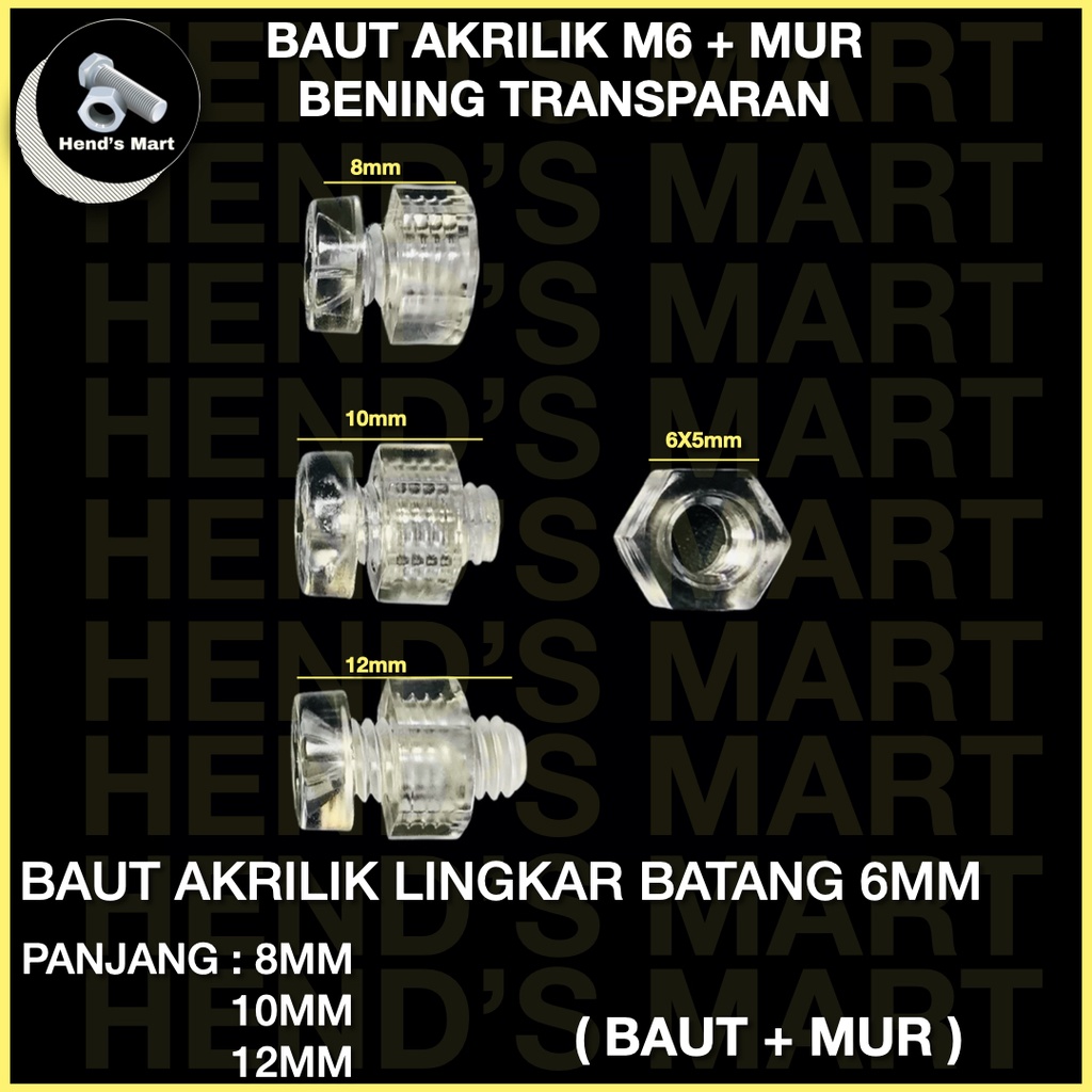 Jual BAUT AKRILIK M6 + MUR AKRILIK M6X8 HINGGA M6X12 BENING TRANSPARAN ...