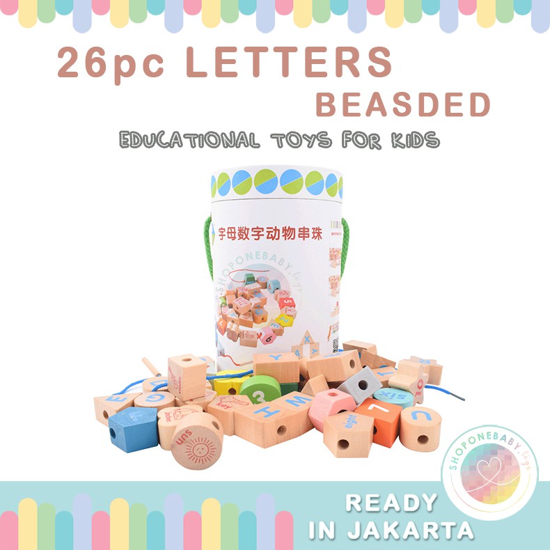Jual JKT Wooden Bead Alphabet Number Blocks Lacing Toys Mainan ...