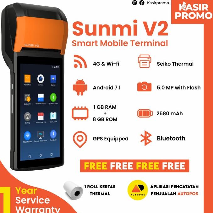 Jual Sunmi V2 4G LTE Mesin Kasir Handheld Printer Thermal POS 4G Scanner | Shopee Indonesia