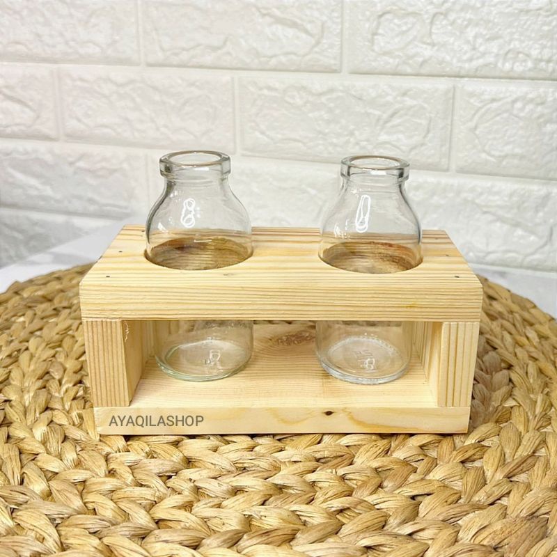 Jual VAS BUNGA BOTOL BENING 100ML COVER KAYU AESTHETIC/ POT TANAMAN AIR ...