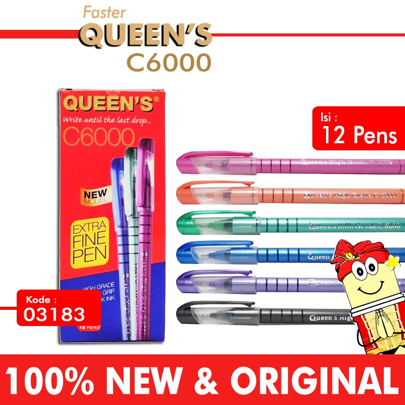 Jual Pulpen Ballpoint Pena Faster Queen's C6000 Extra Fine 0.7 mm Hitam ...