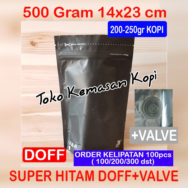 Jual Kemasan kopi 200-250gr/Standing Pouch Alumunium Foil Hitam Doff 500gr+ZIPPER+valve(14x23cm ...