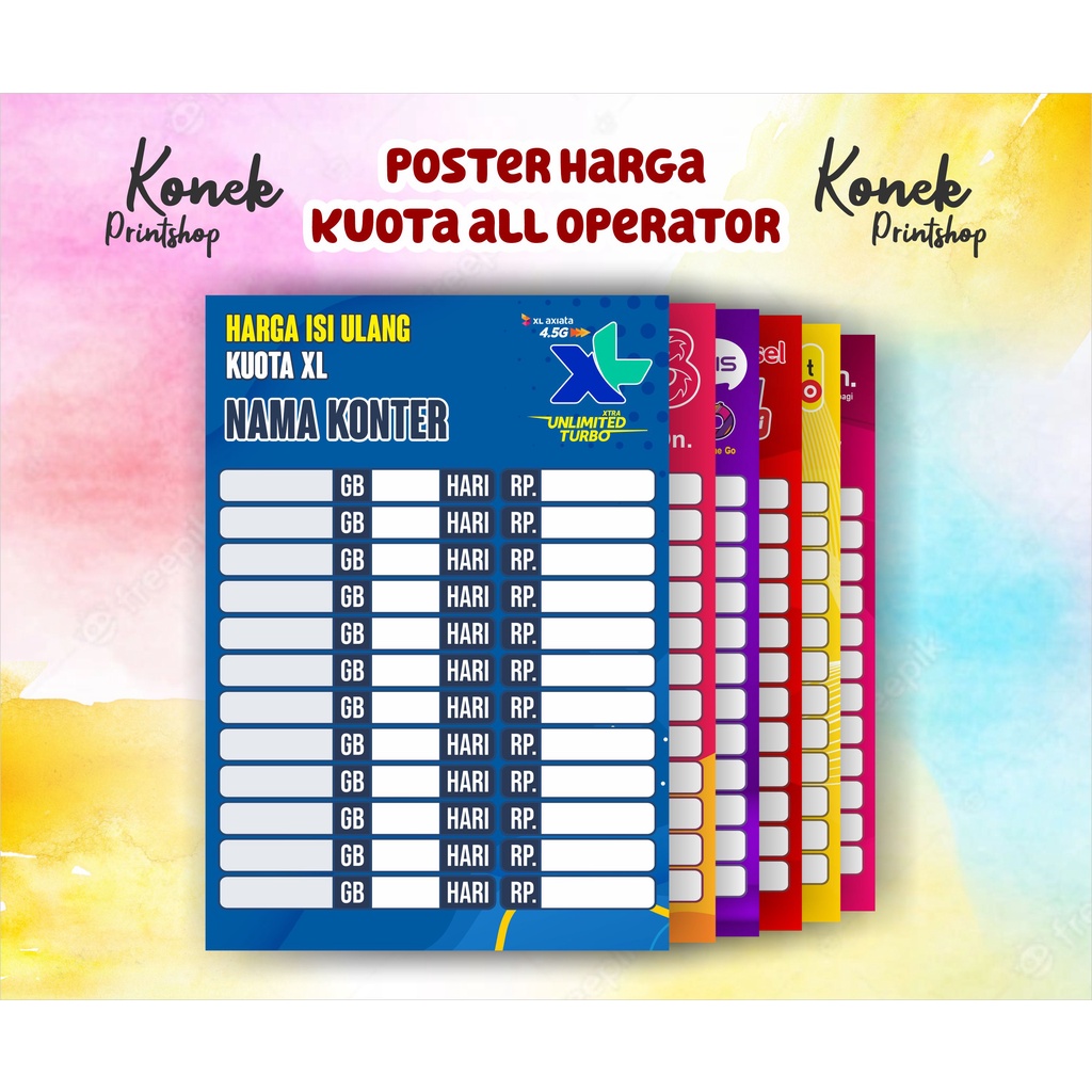 Jual Poster Konter Daftar Harga Kuota dan Paket Data (Edisi Portrait ...