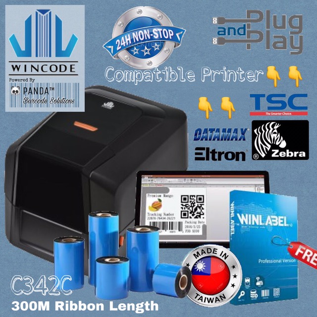 Jual BARCODE PRINTER WINCODE C342C THERMAL TRANSFER/RIBBON BONUS APLIKASI CETAK LABEL WINLABEL ...