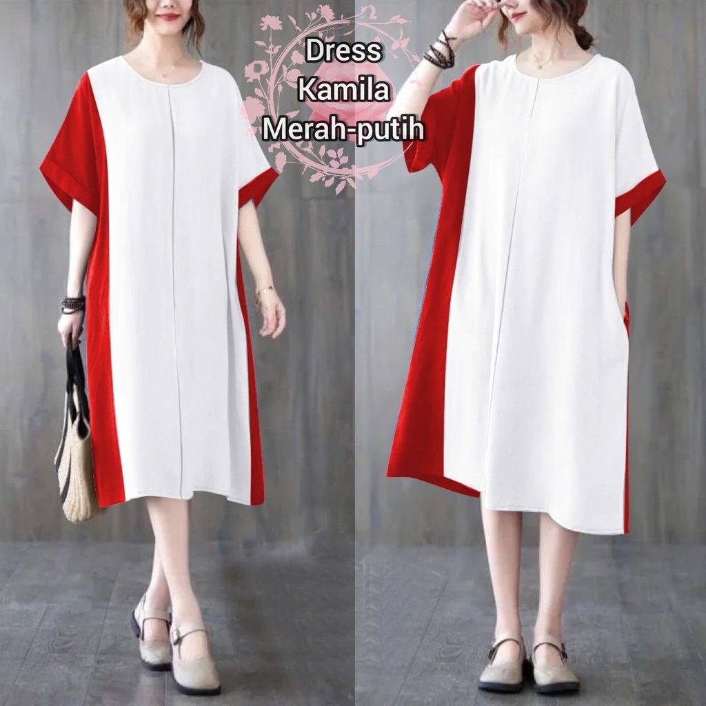 Jual DRESS MERAH PUTIH / MIDI DRESS 2 WARNA / KAMILA / DRESS OVERSIZE ...