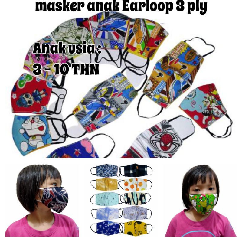 Jual Masker kain anak earloop motif karakter 3ply/ masker anak karet ...