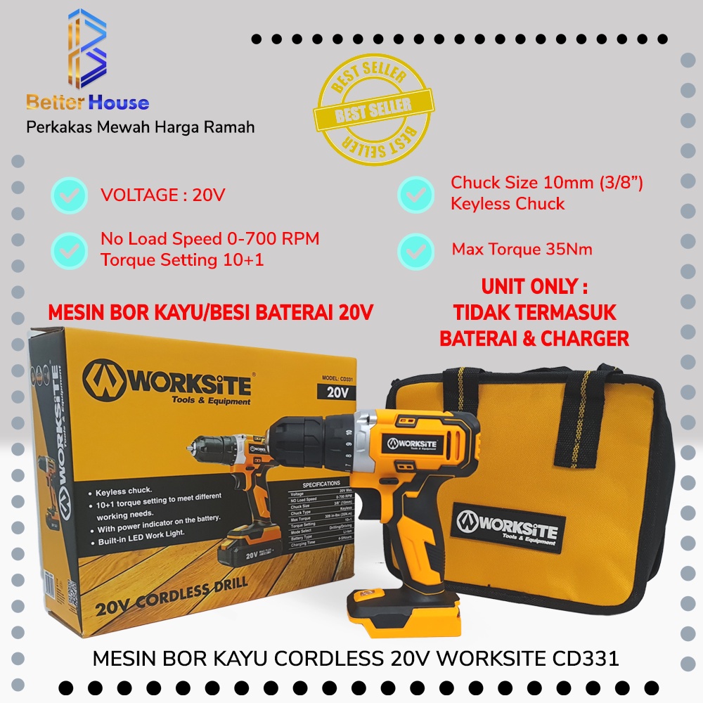 Jual MESIN BOR KAYU BESI CORDLESS 20V CORLESS DRILL WORKSITE CD331 UNIT ...