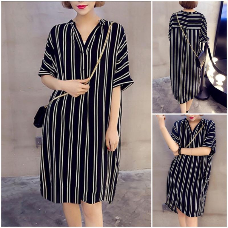 Jual PAKAIAN WANITA TERUSAN MIDI DRESS STRIP VERTIKAL | Shopee Indonesia