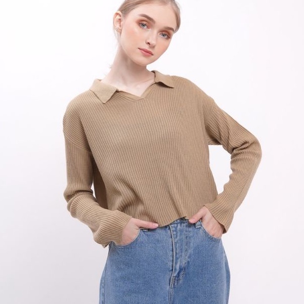 Jual atasan rajut polo knit crop top/outer rajut crop top/korean outfit crop lengan panjang ...