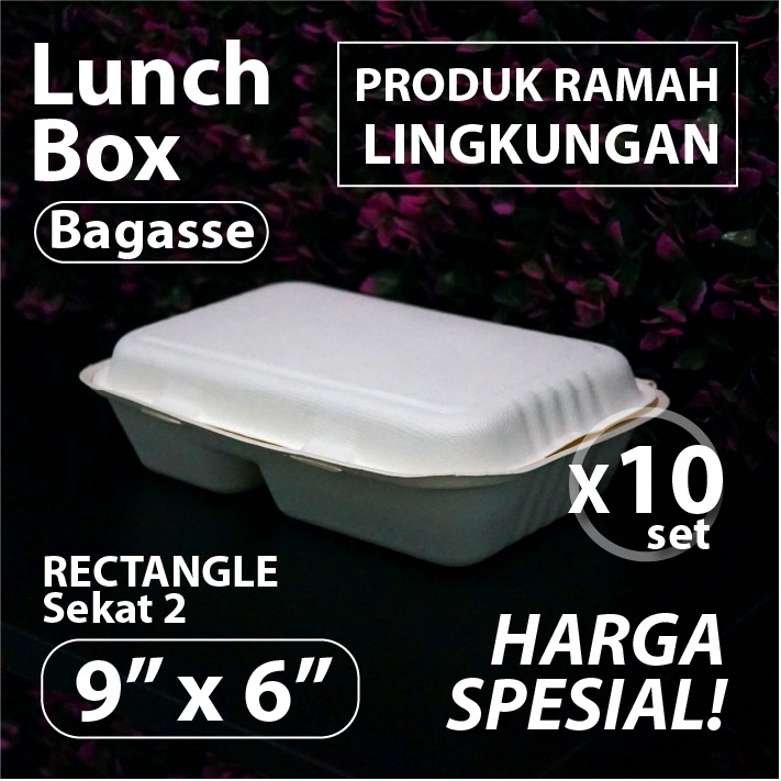 Jual Paket 10 pcs - Lunch Box Bagasse Sekat 2 - 9” x 6” - Ramah Lingkungan | Shopee Indonesia