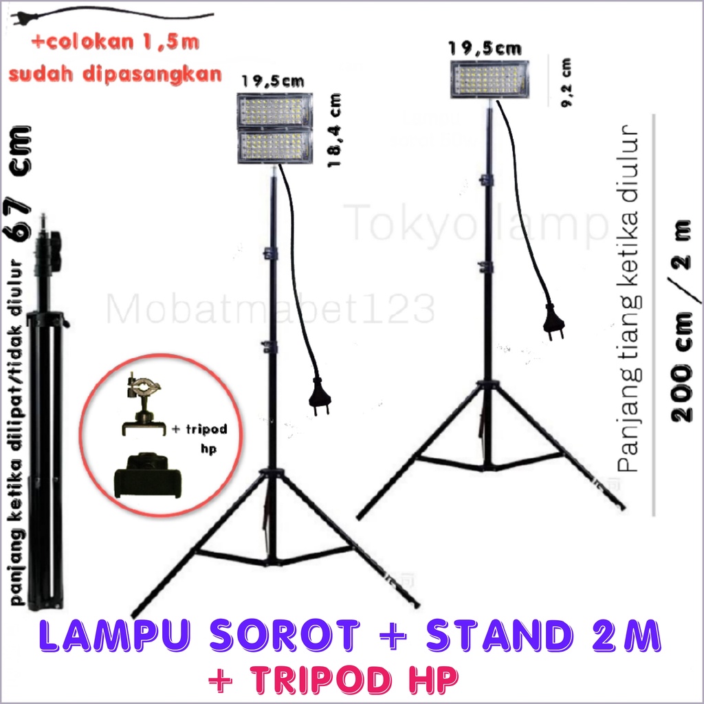 Jual Lampu sorot studio foto lengkap tripod/holder hp dengan stand 2m | Shopee Indonesia