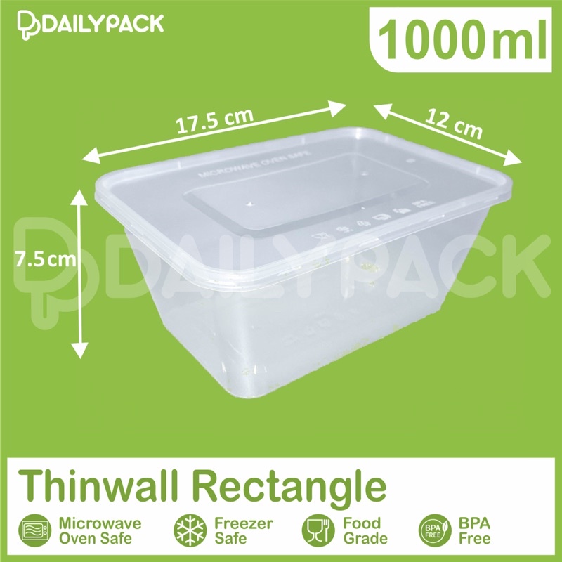 Jual Thinwall RECTANGLE 1000 ml + Tutup / PERSEGI PANJANG / Kotak makan plastik / Food Container ...